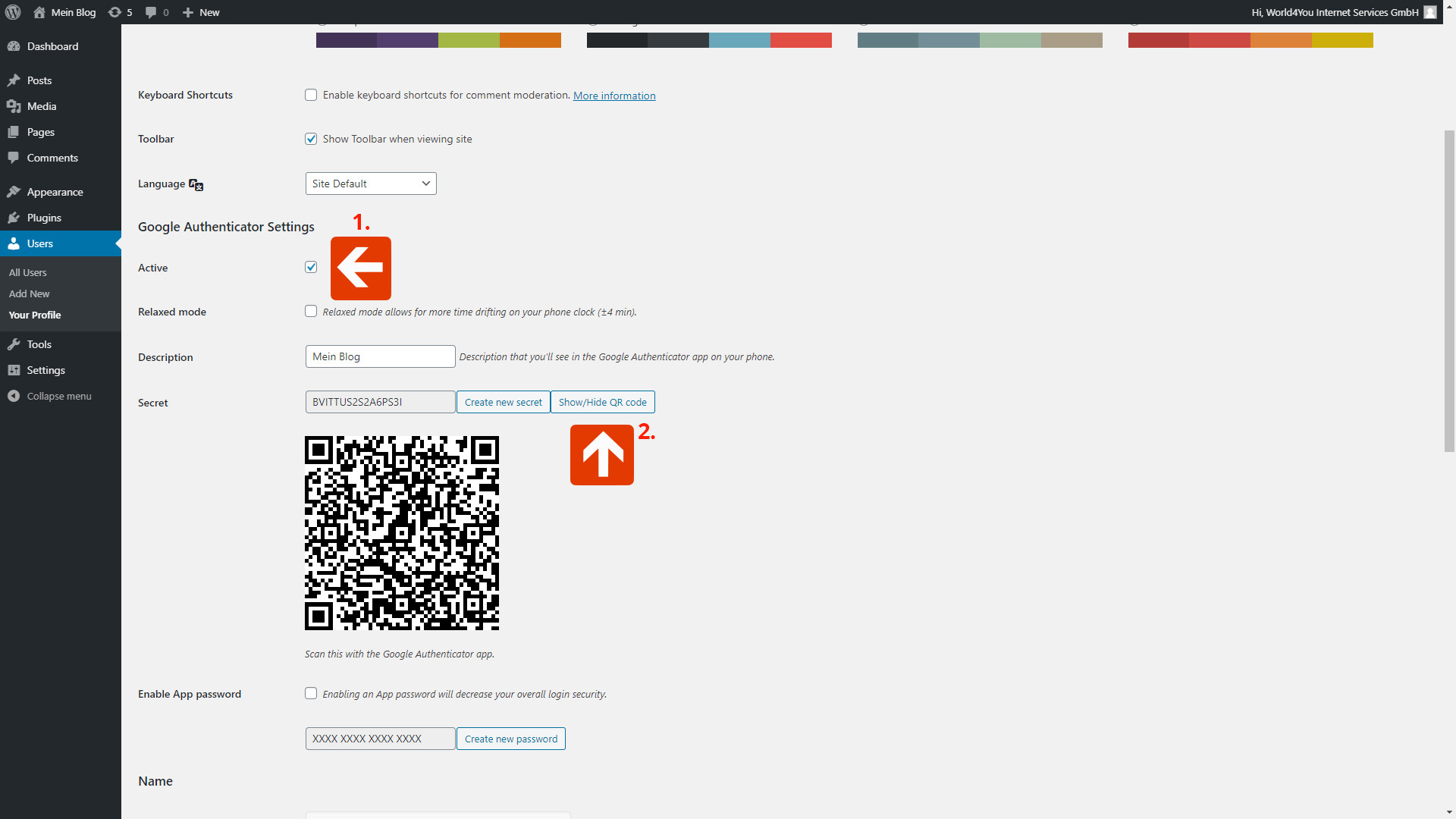 How do I activate two-factor authentication in WordPress?